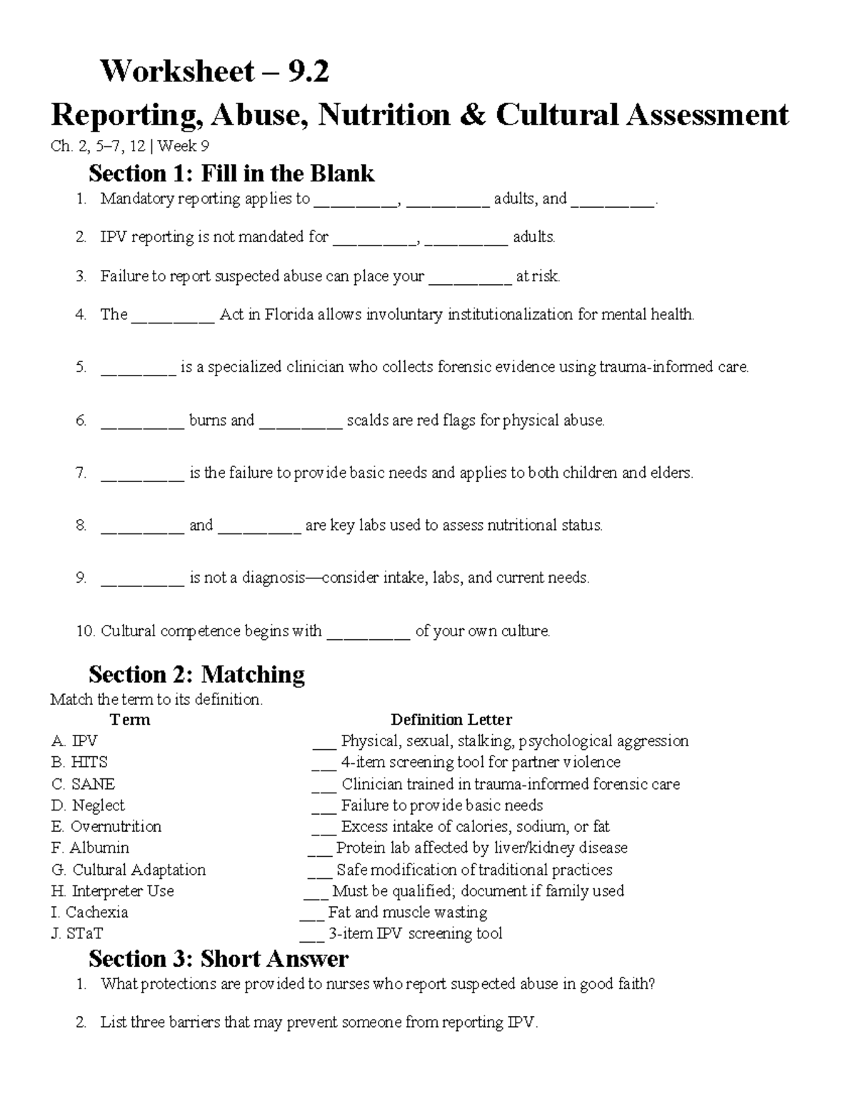 WK 9 9.2 Worksheet: Reporting, Abuse, & Nutrition Cultural Assessment ...