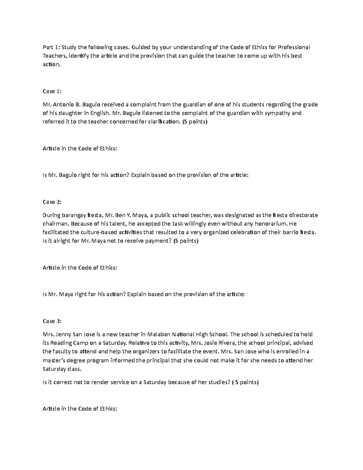 Case Studies on the Code of Ethics for Professional Teachers - BSed ...