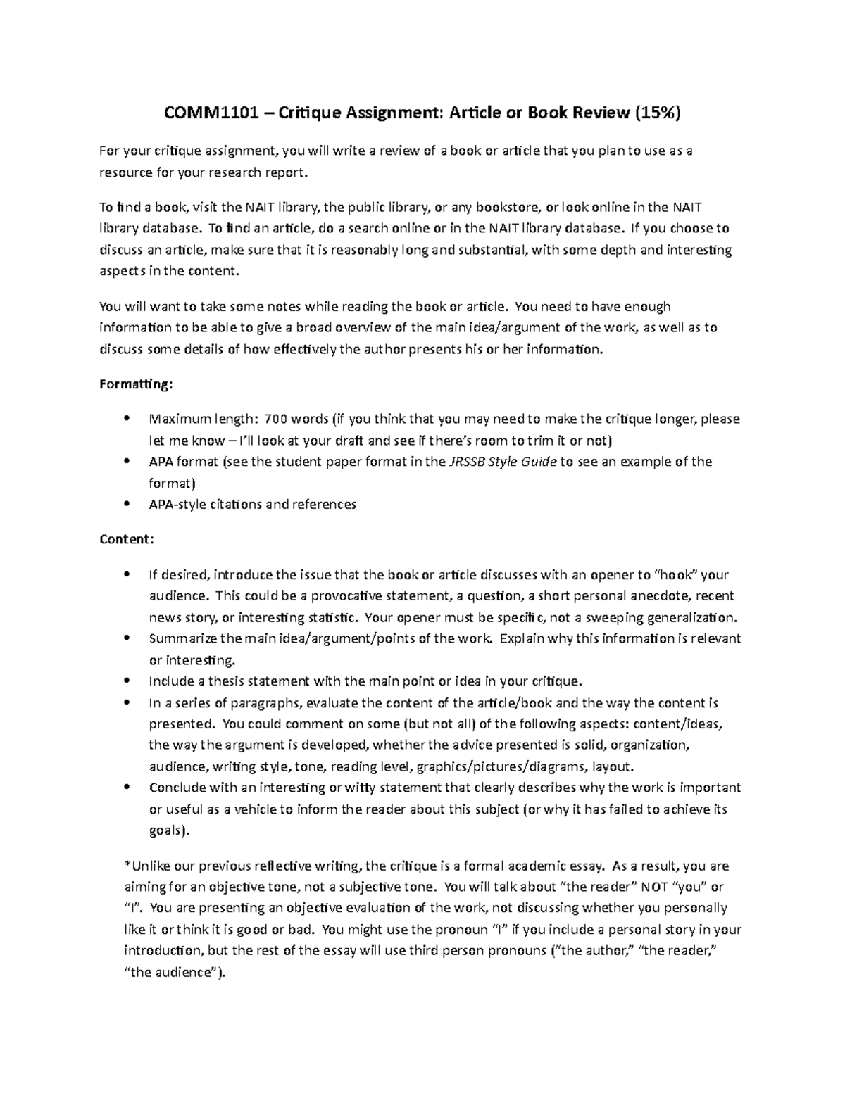 Critique Assignment Guidelines Fall 2020 - COMM1101 – Critique ...