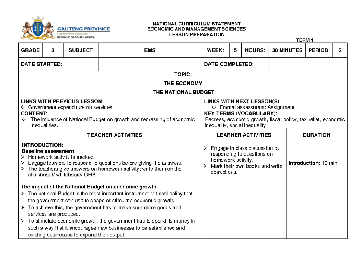 2. WEEK 4 Lesson PLAN 2 - NATIONAL CURRICULUM STATEMENT ECONOMIC AND ...