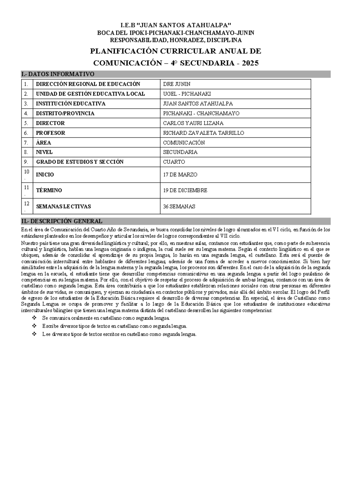 PCA Comunicación 4to Secundaria 2025: Planificación Curricular Anual ...