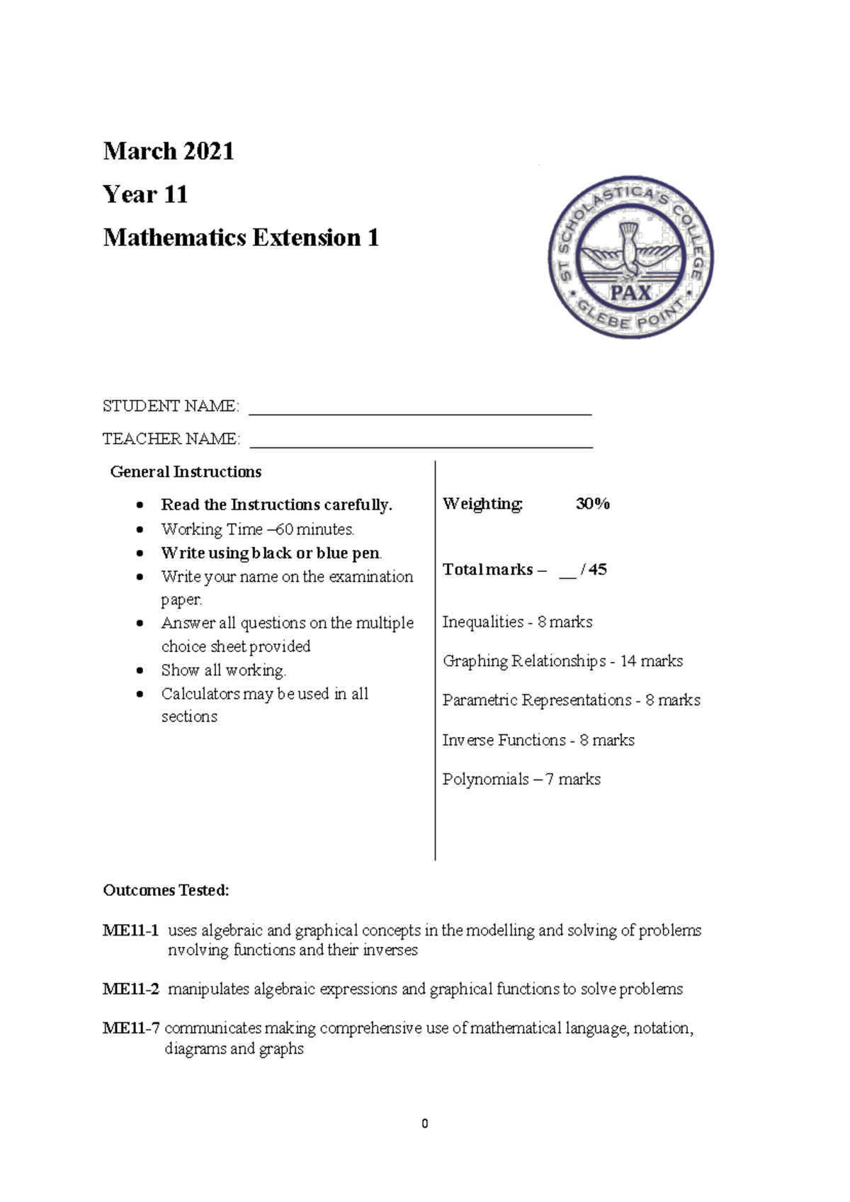 2021 Extension 1 Year 11 Task 1 - Schols - March 2021 Year 11 ...