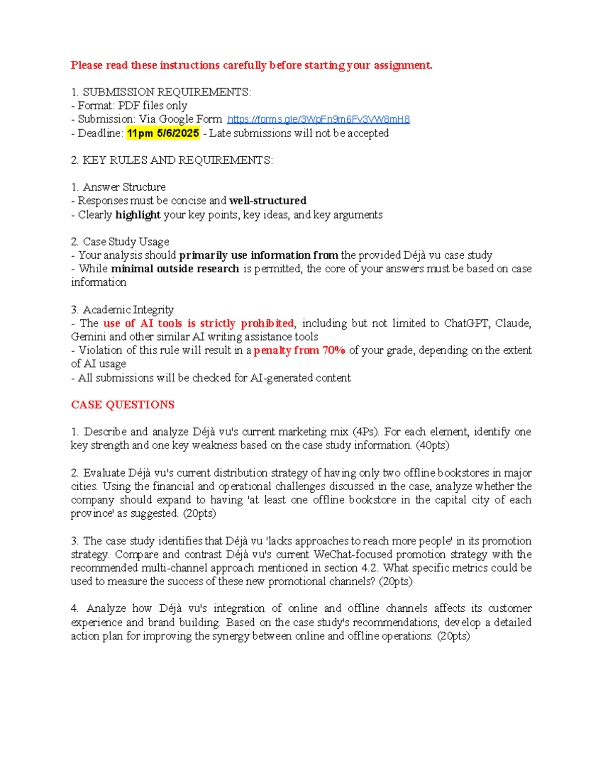 Case Study Instructions: Déjà Vu Analysis & Submission Guidelines - Studocu