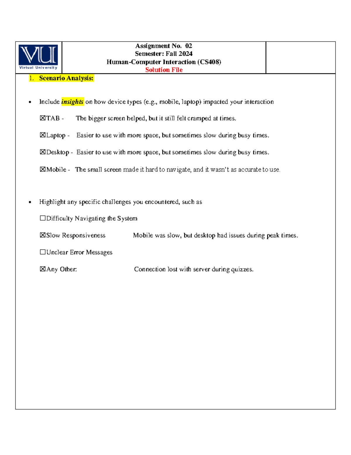 Fall 2024 CS408 2 - Assignment No. 0 2 Semester: Fall 2024 Human-Computer Interaction (CS408 ...