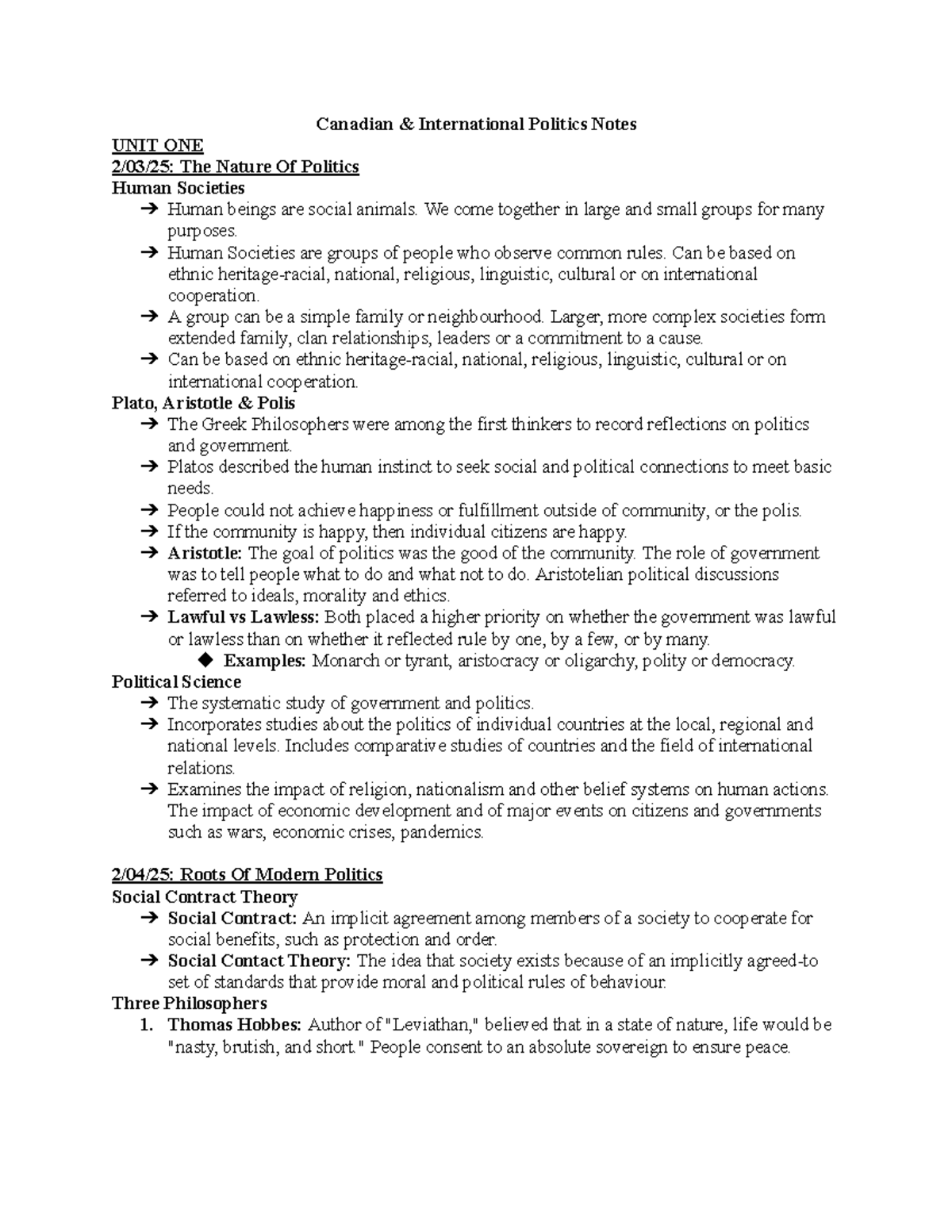 Canadian & International Politics Notes: Unit 1 Overview - Studocu