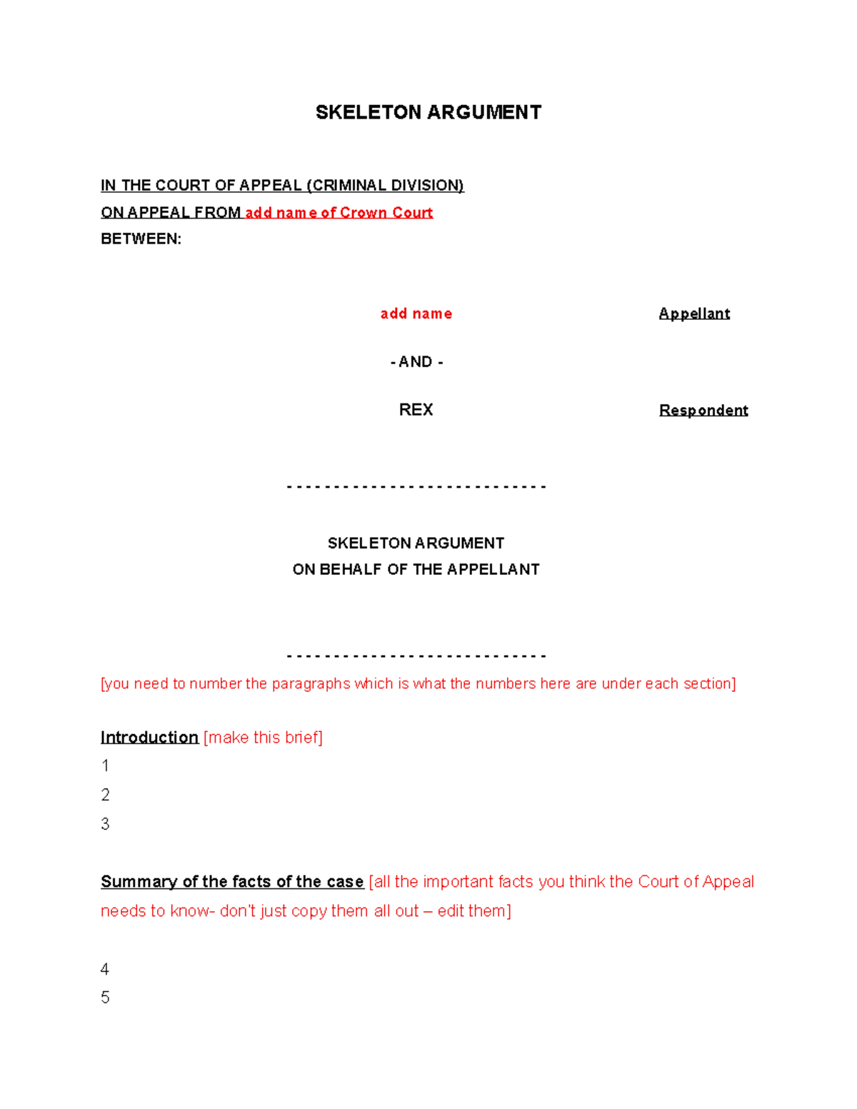 Skeleton Argument Template for Court of Appeal (Criminal Case) - Studocu