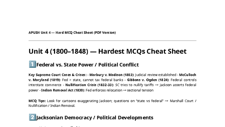 APUSH Unit 4 Hard MCQ Cheat Sheet: Key Concepts & Tips - Studocu