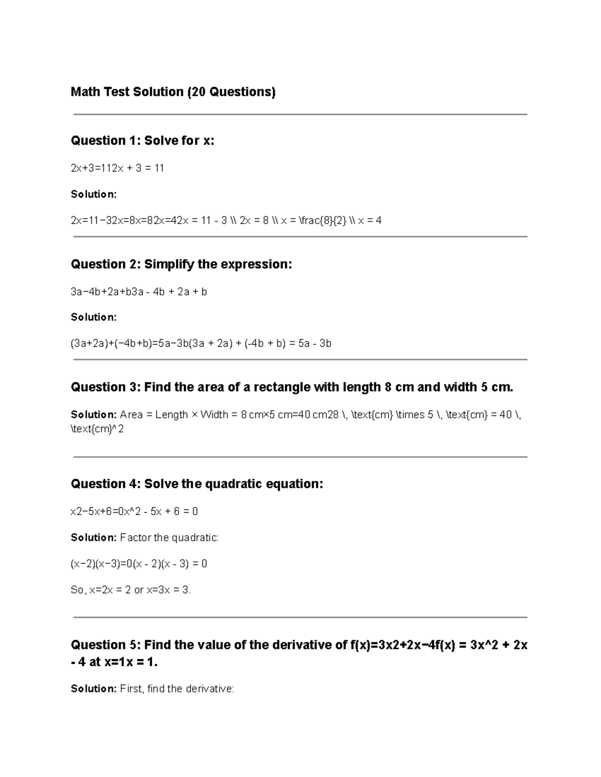 Math 301 test 1 solutions - Math Test Solution (20 Questions) Question ...
