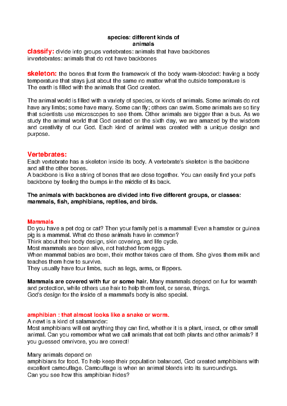 ANA - IMPORTANTE: Classification of Animals - Vertebrates ...