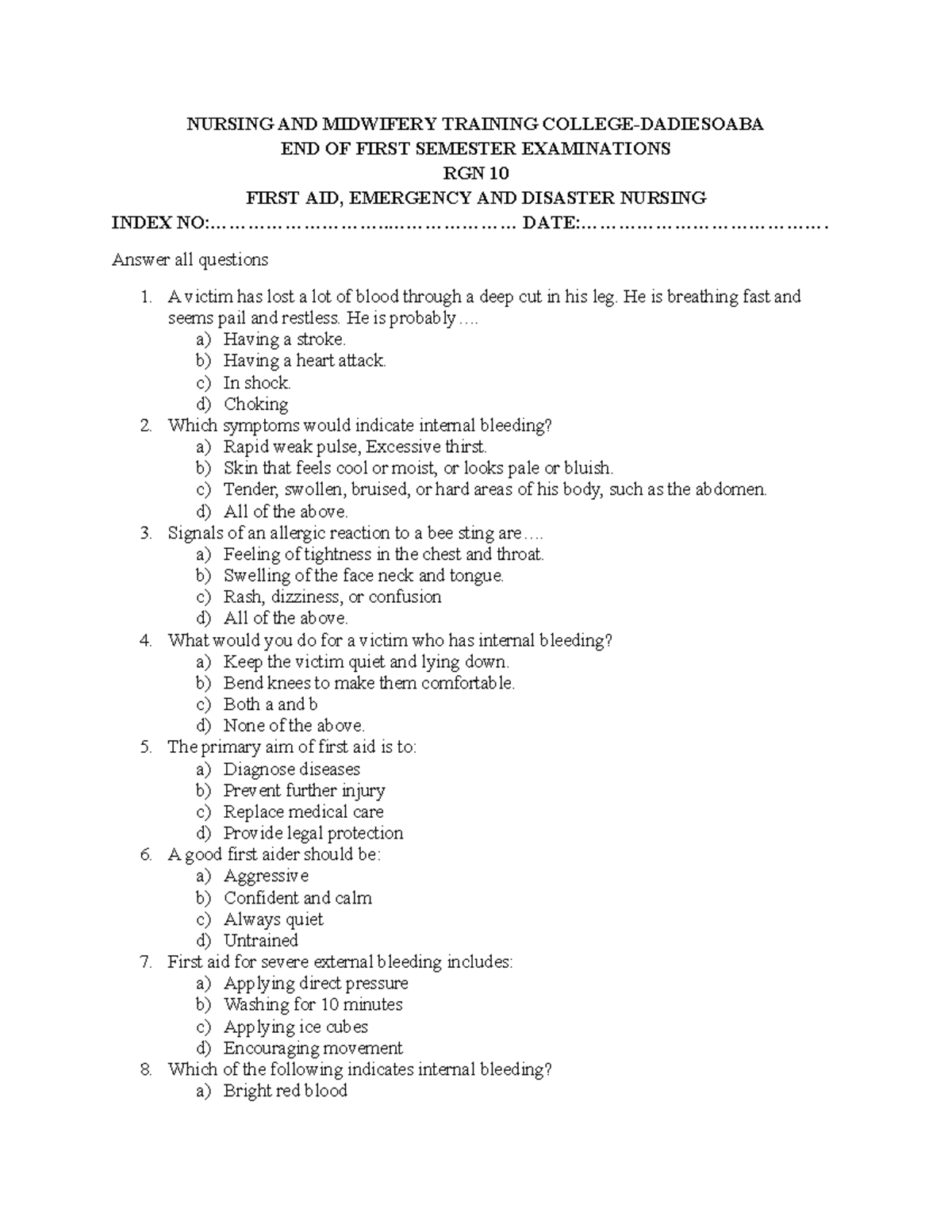 RGN 10 First Aid Exam - MCQs & Theory Questions for Nursing Students ...