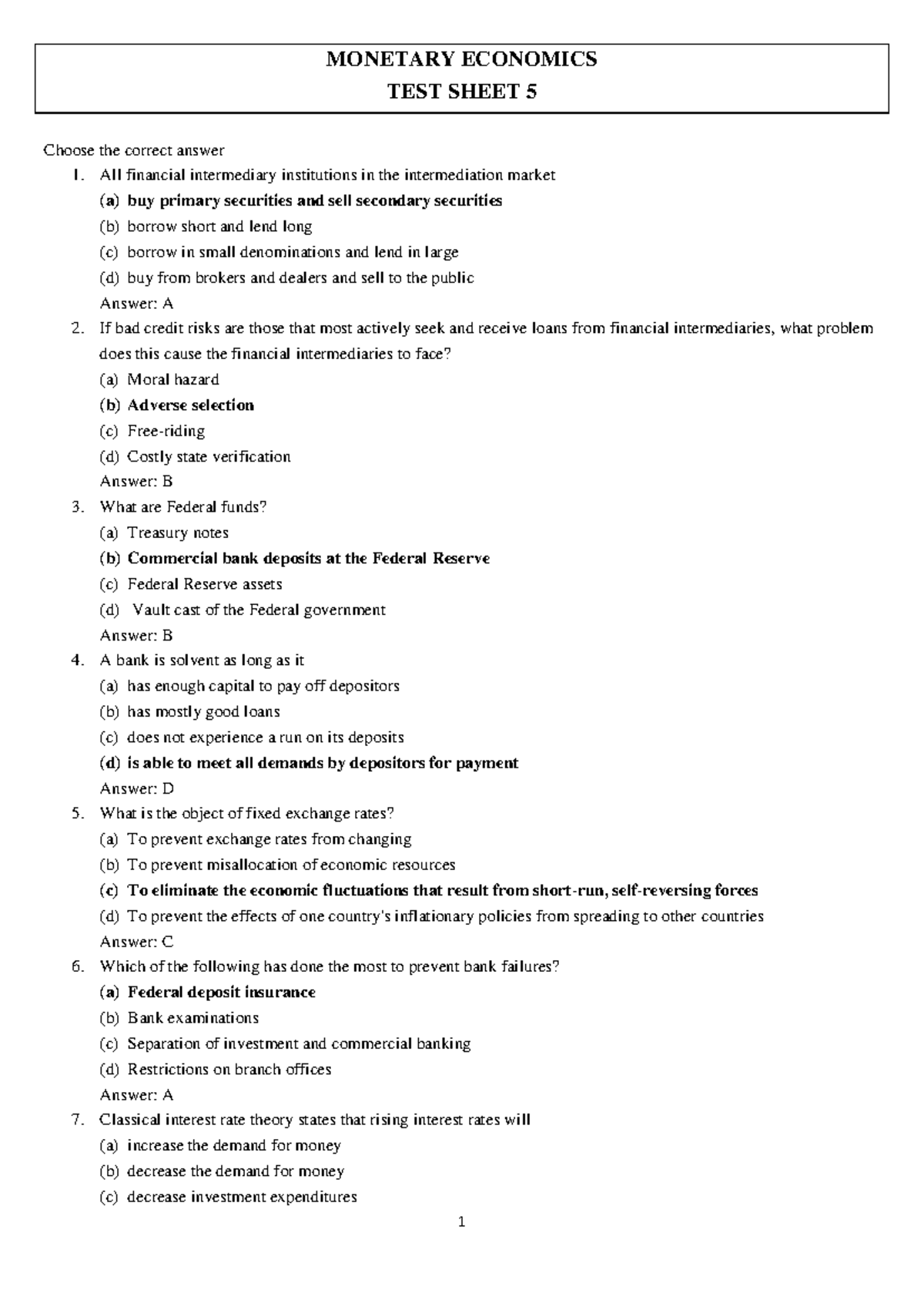Monetary Economics TEST SHEET 5: Multiple Choice Questions & Answers ...