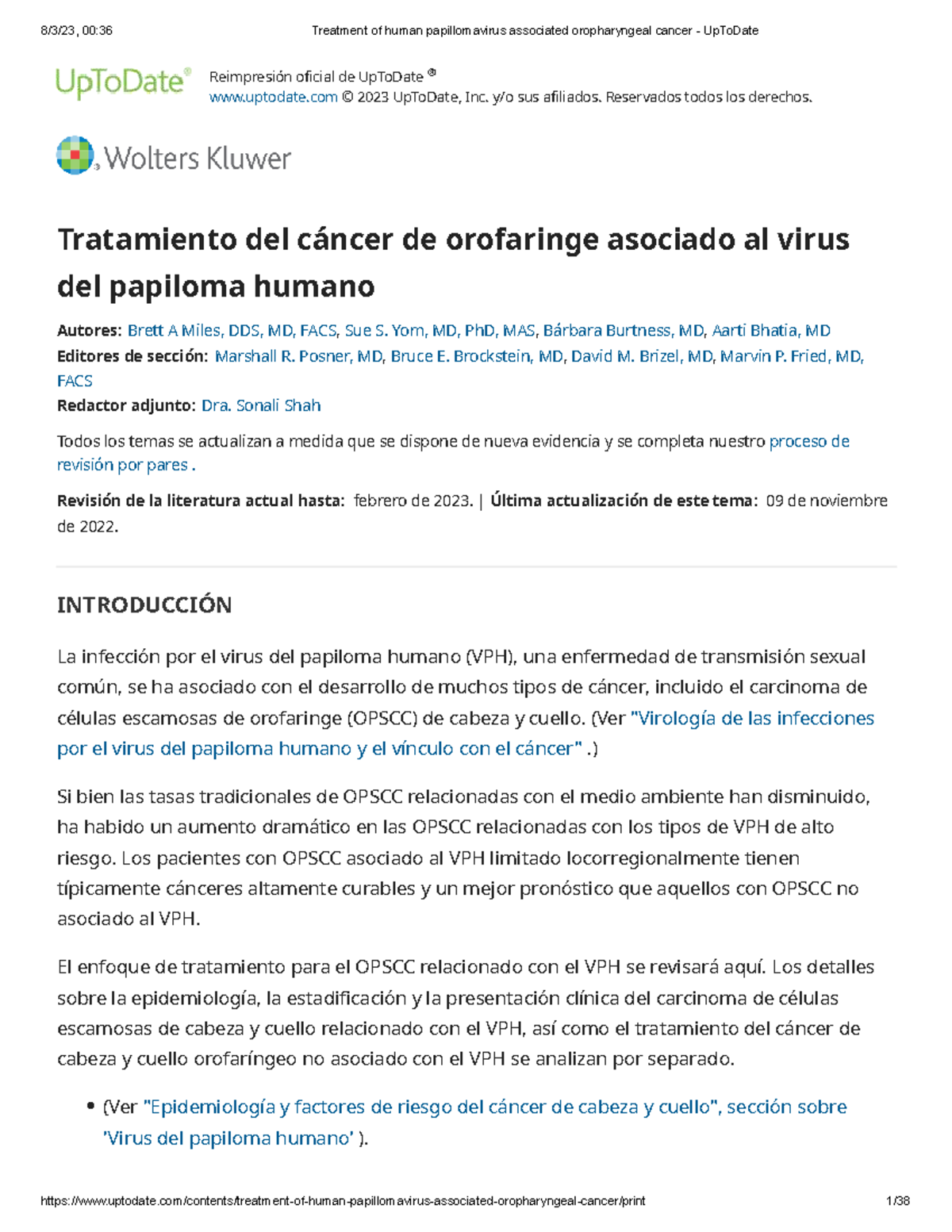 Tratamiento del cáncer orofaríngeo asociado al VPH - UpToDate 2023 ...