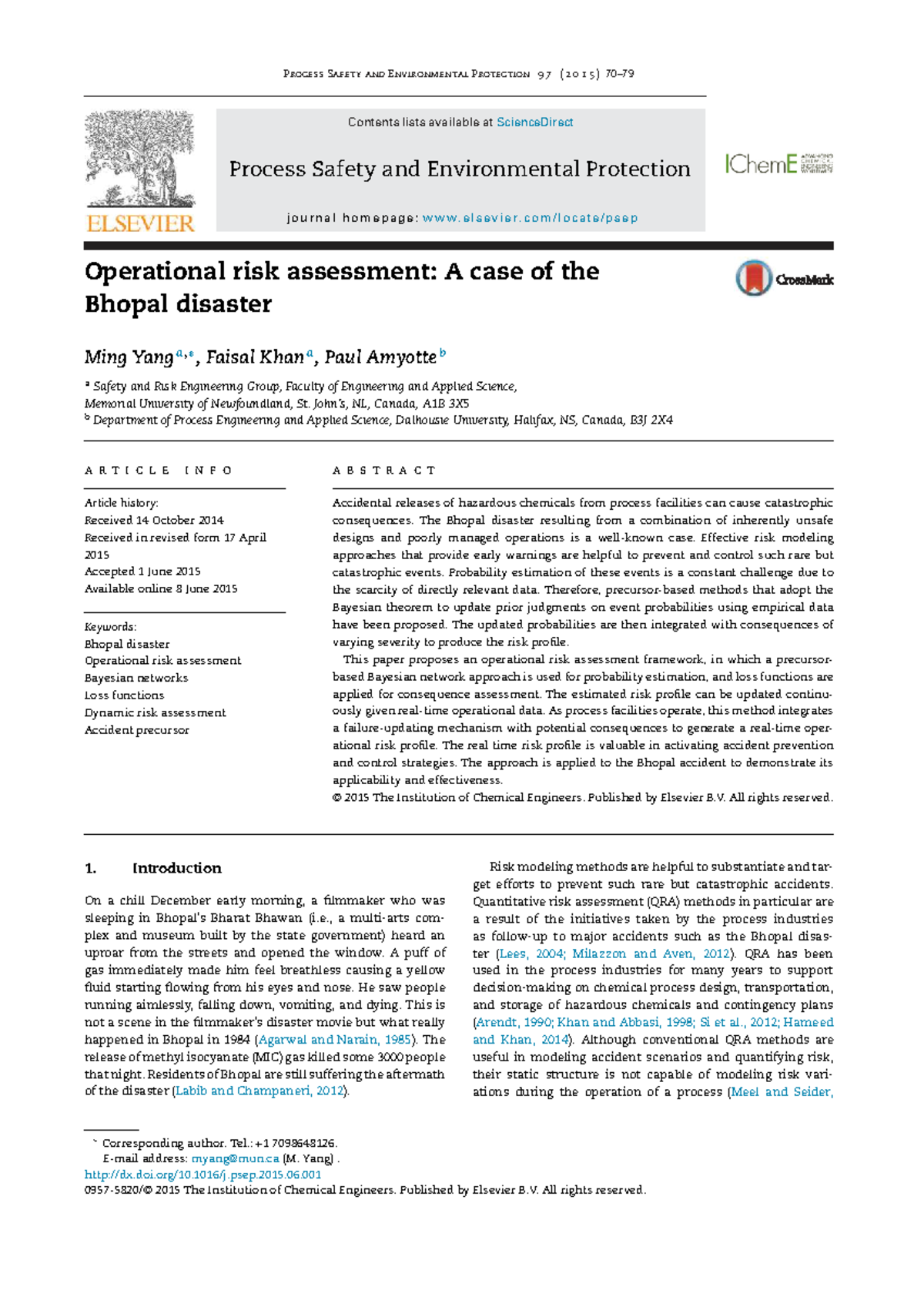 Operational Risk Assessment Framework: A Case Study of Bhopal Disaster ...