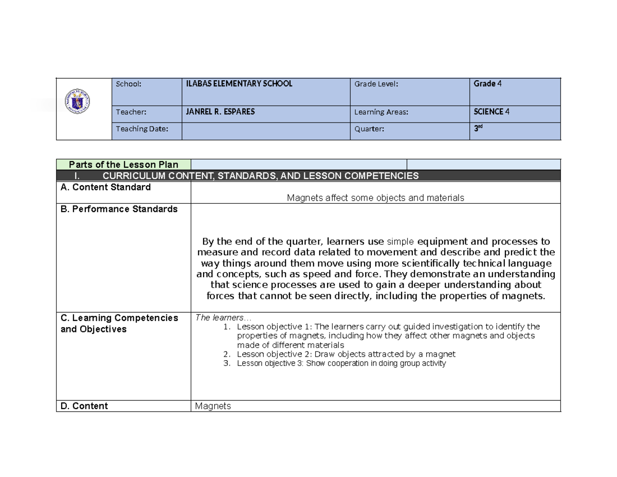 Magnet Lesson Plan for Grade 4 Science (SCI 4) - Quarter 3 - Studocu