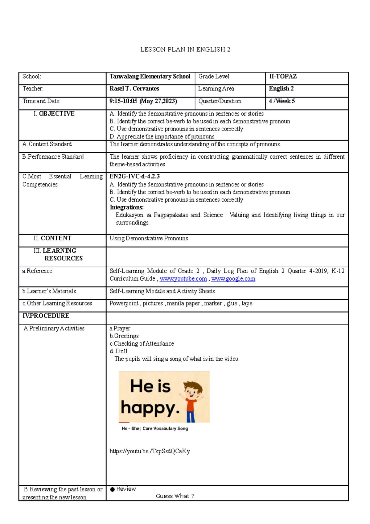 Lesson Plan: Using Demonstrative Pronouns in English 2 (EN2G-IVC-d-4.2 ...