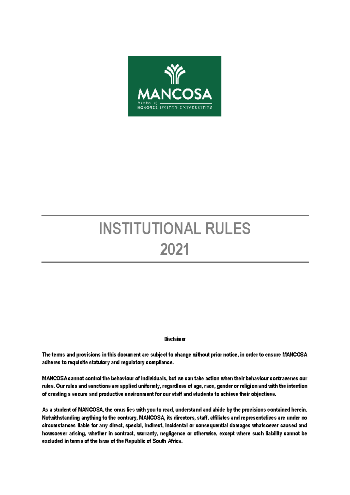 MANCOSA Institutional Rules 2021: Compliance and Student Guidelines ...