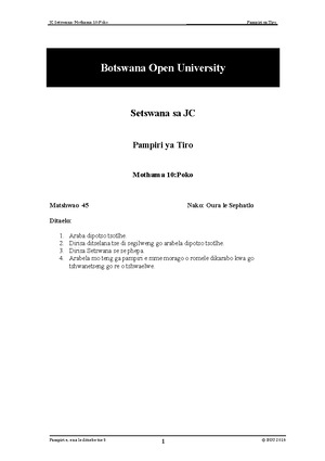 Bgcse Setswana Paper 3 - BALA DITAELO TSE PELE FOR EXAMINER’S USE Kwala ...