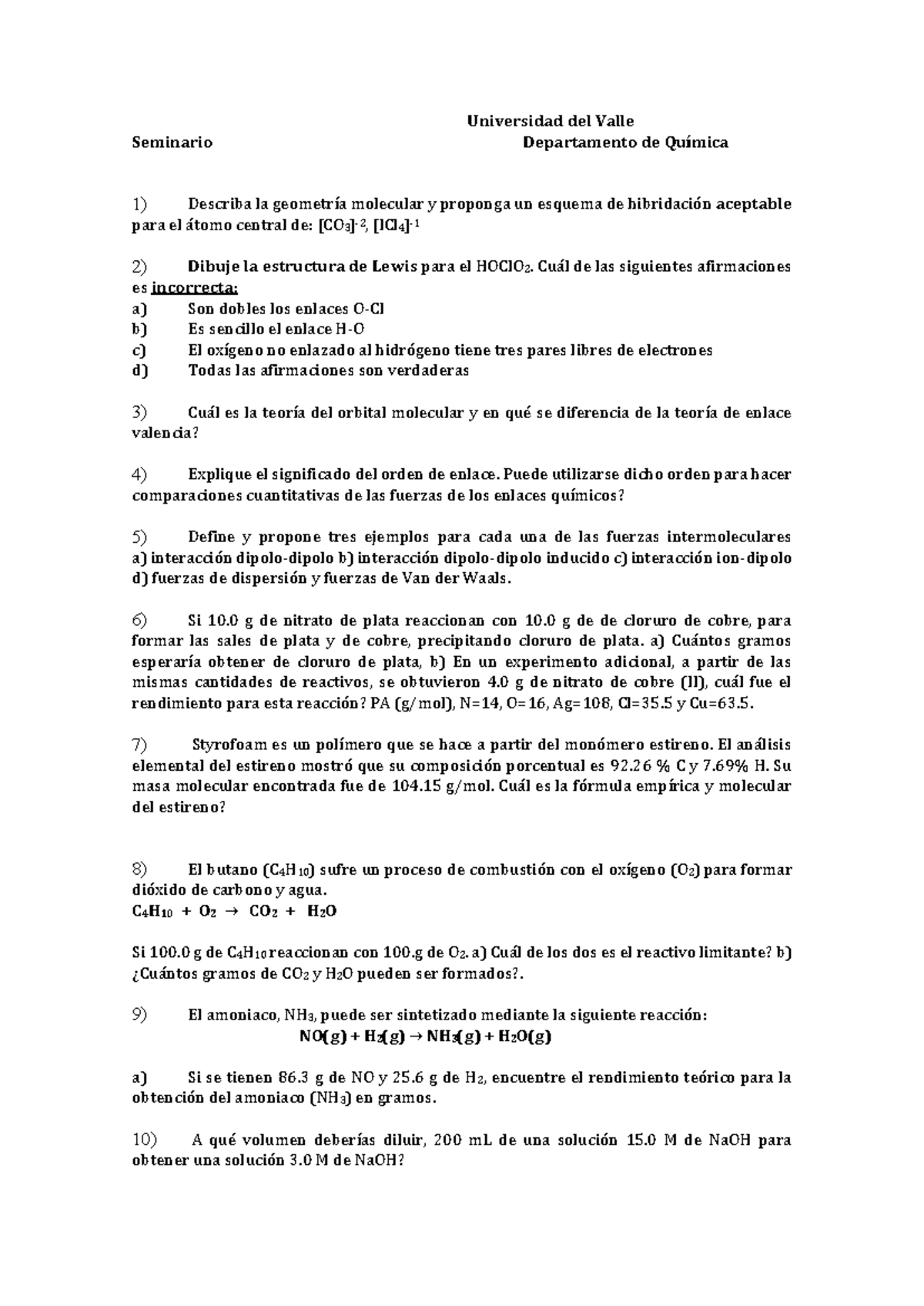 Seminario Química: Geometría Molecular y Hibridación en HOClO2 - Studocu