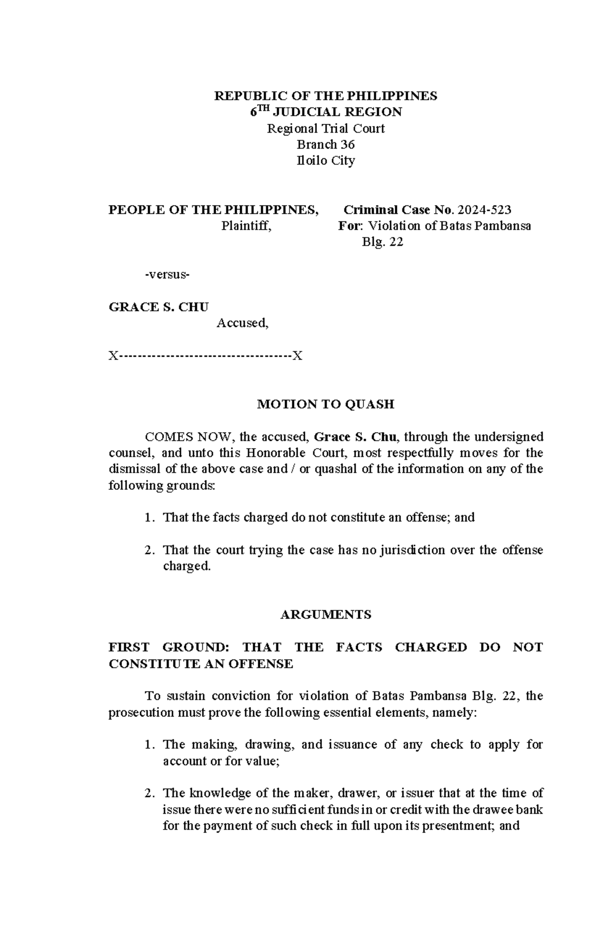 Motion to Quash - Criminal Case No. 2024-523, People vs. Chu - Studocu