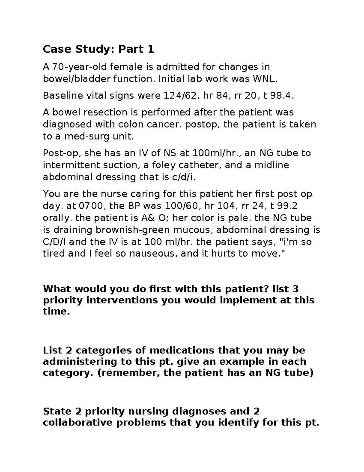 Case Study: Post-Op Hypovolemic Shock (NUR 101) - Studocu