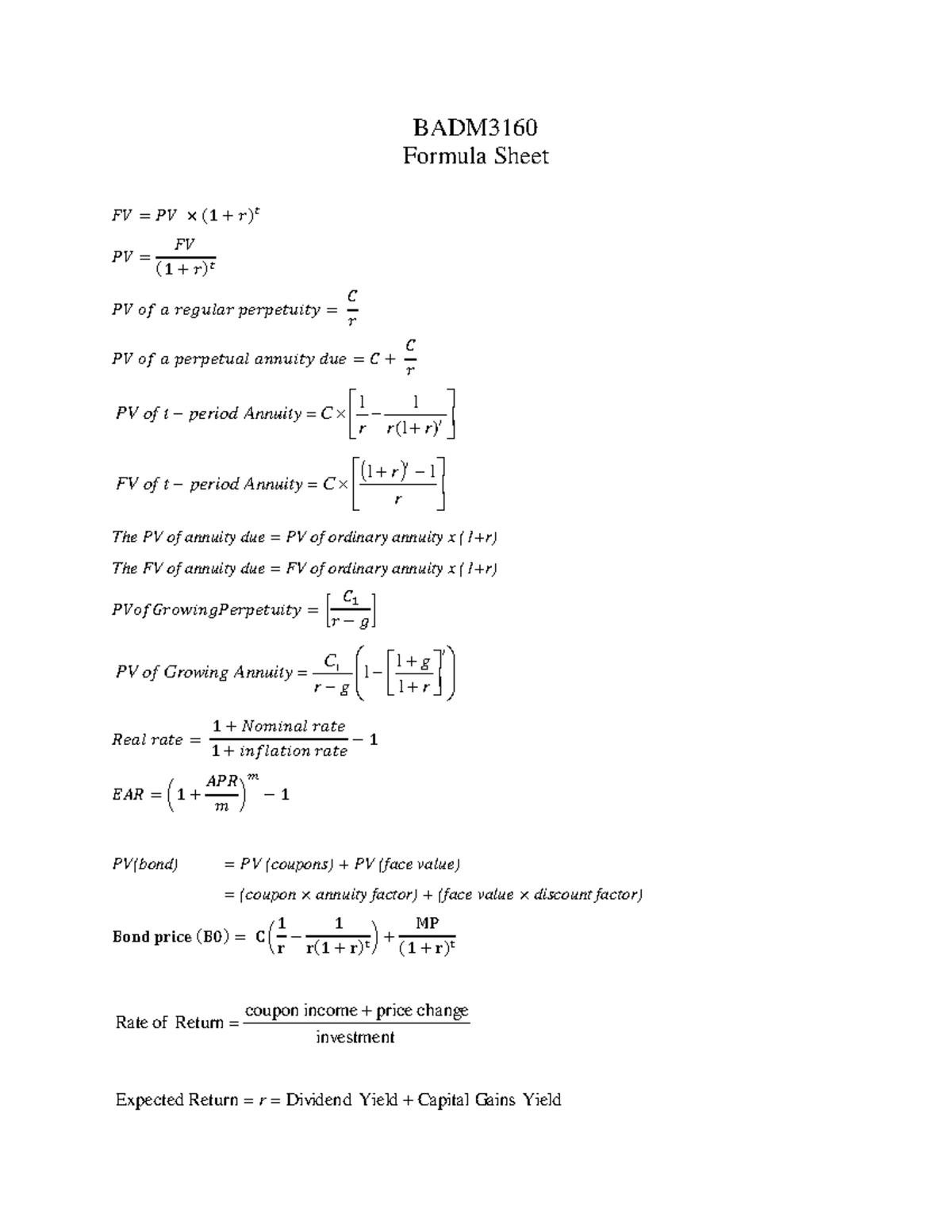 BADM3160 Financial Concepts Formula Sheet - Studocu