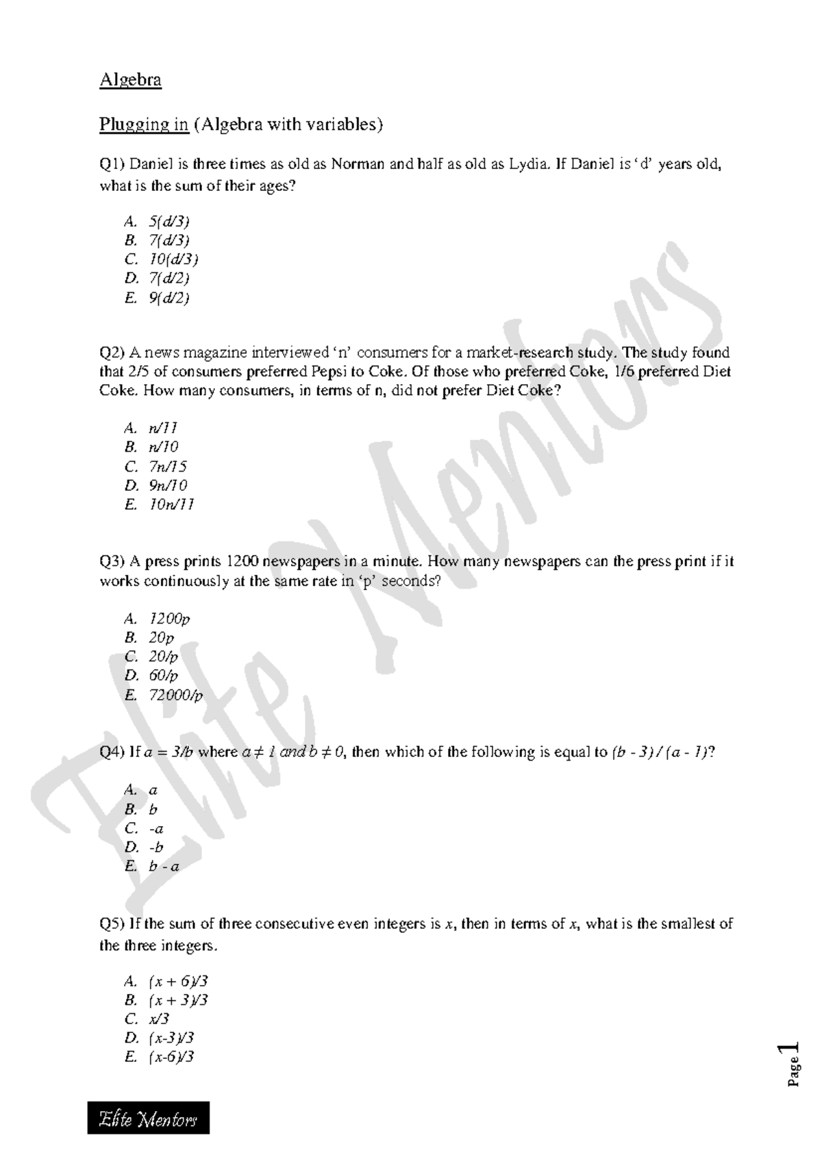Algebra - SAT - this is sat practice ws - Page 1 Algebra Plugging in ...