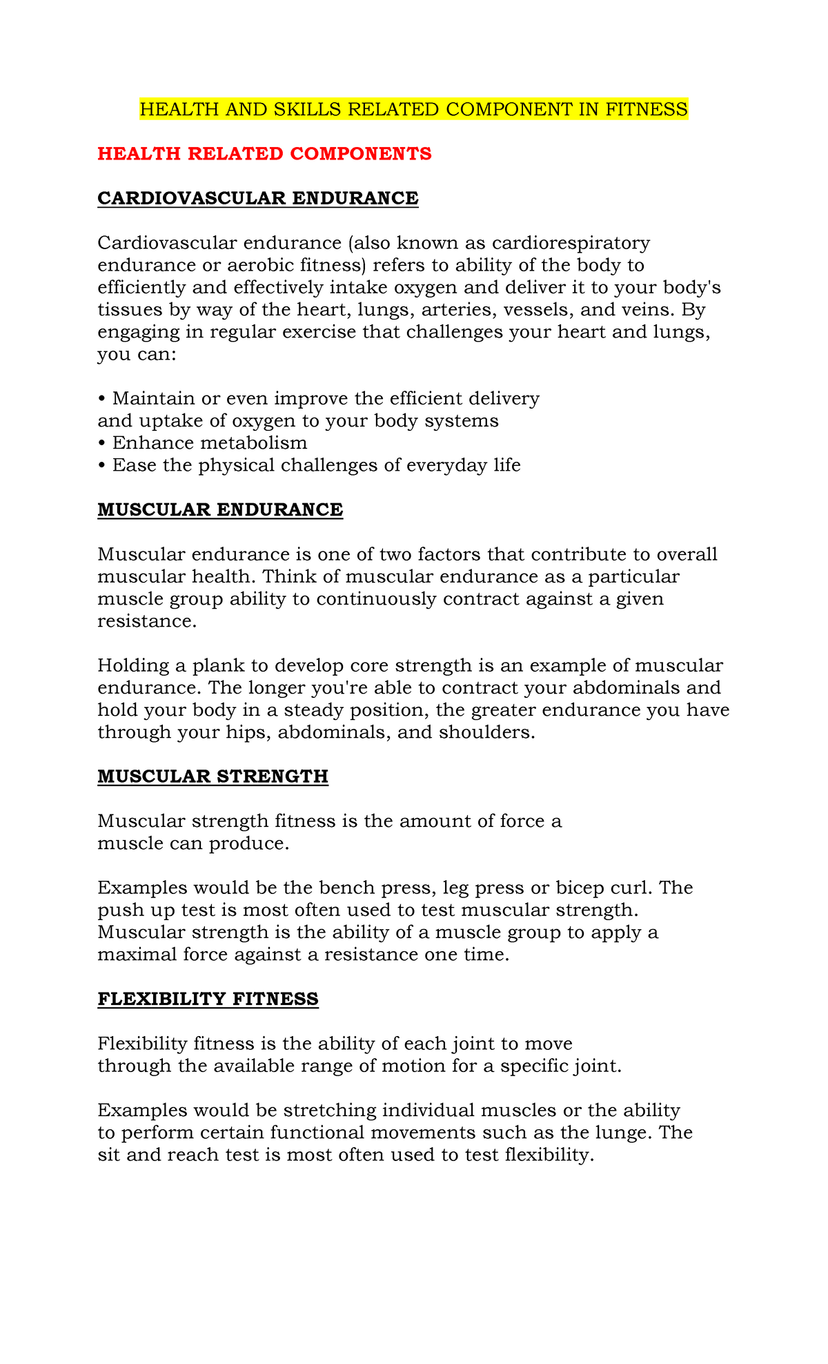 Lesson 3: Health and Skills Related Components in Fitness - Studocu