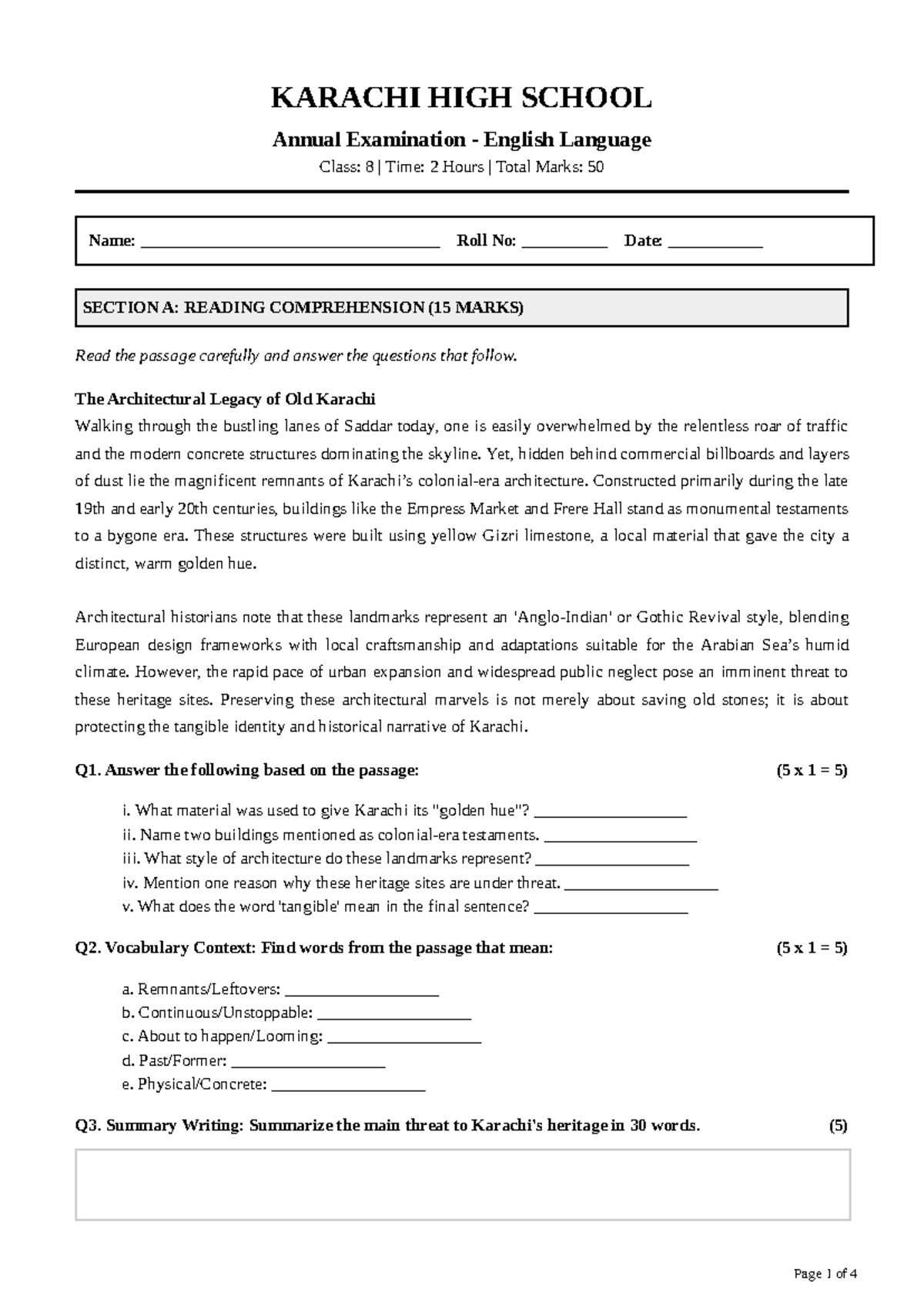 KHS Class 8 English Final Exam: Architectural Heritage of Karachi - Studocu