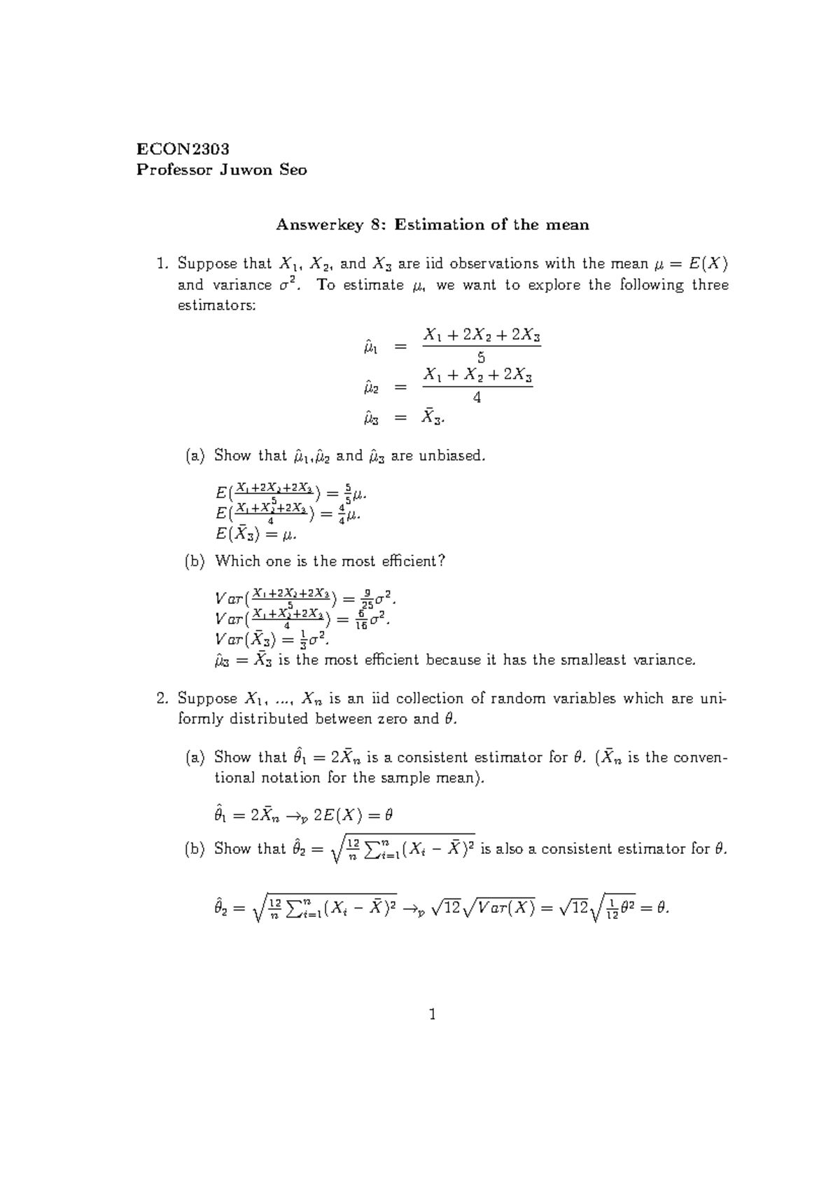 ECON2303 Final Exam Answer Key 8: Estimating the Mean - Studocu
