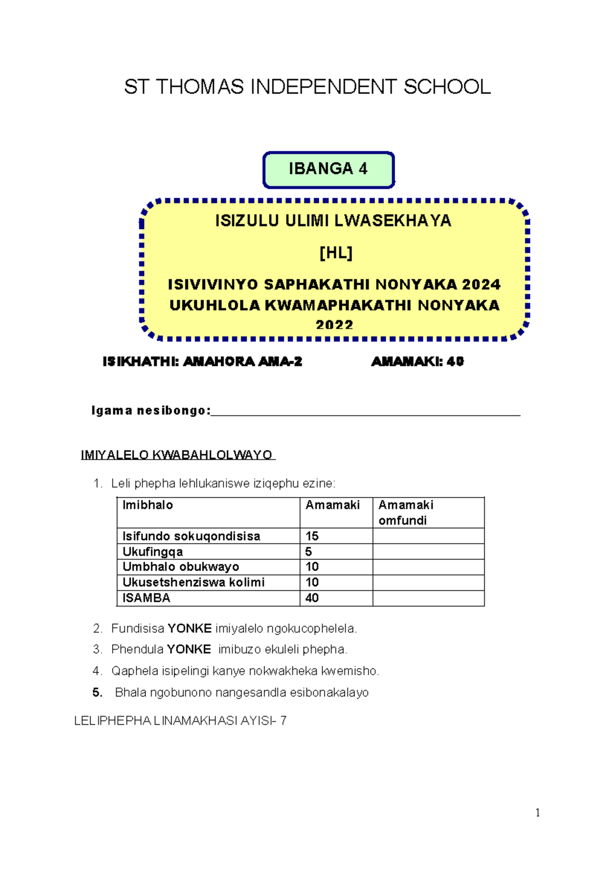 Grade 4 Isizulu HL P2 Final Exam JUNE 2023 - Studocu