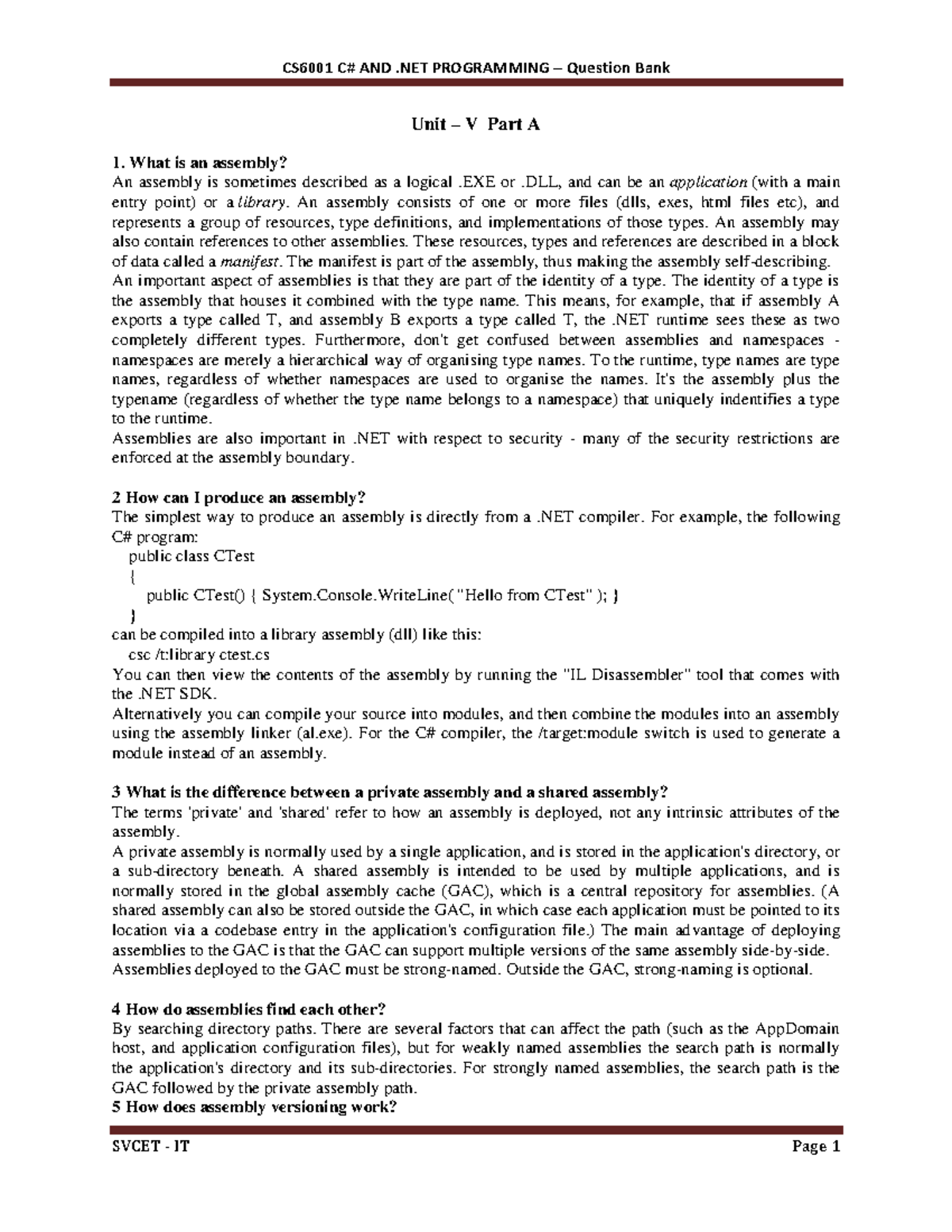 CS6001 .NET PROGRAMMING Question Bank Unit V: Assemblies & Reflection ...