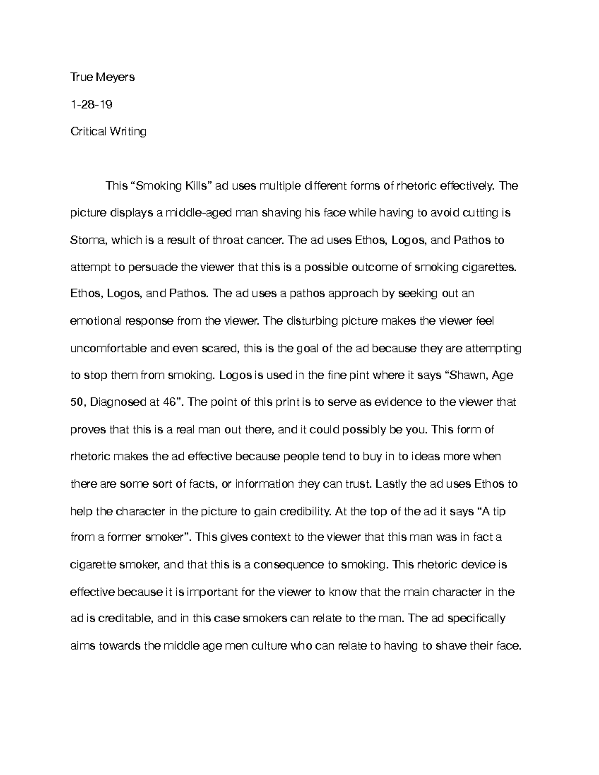 Rhetorical Analysis of "Smoking Kills" Ad for Critical Writing (CW101 ...