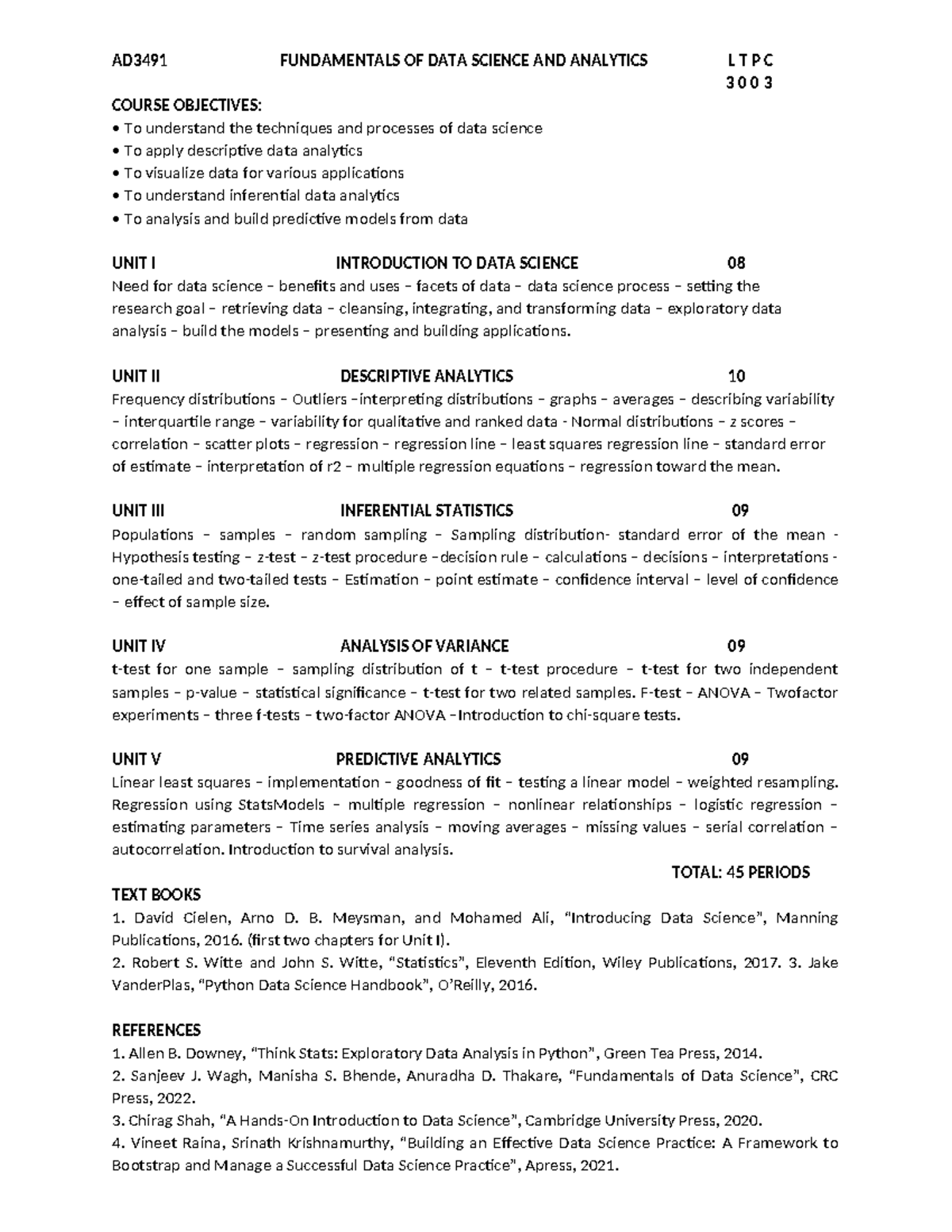AD3491 FDSA Syllabus Notes: Data Science Fundamentals Overview - Studocu