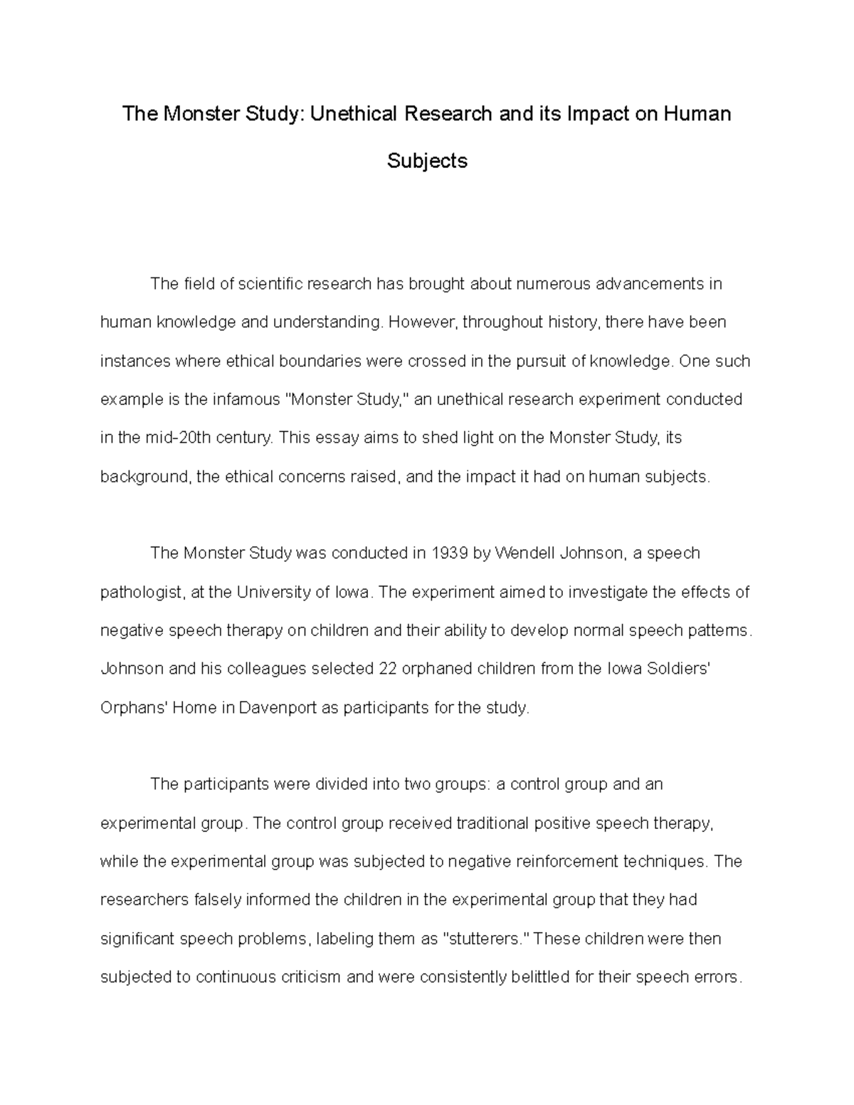 The Monster Study Unethical Research and its Impact on Human Subjects ...