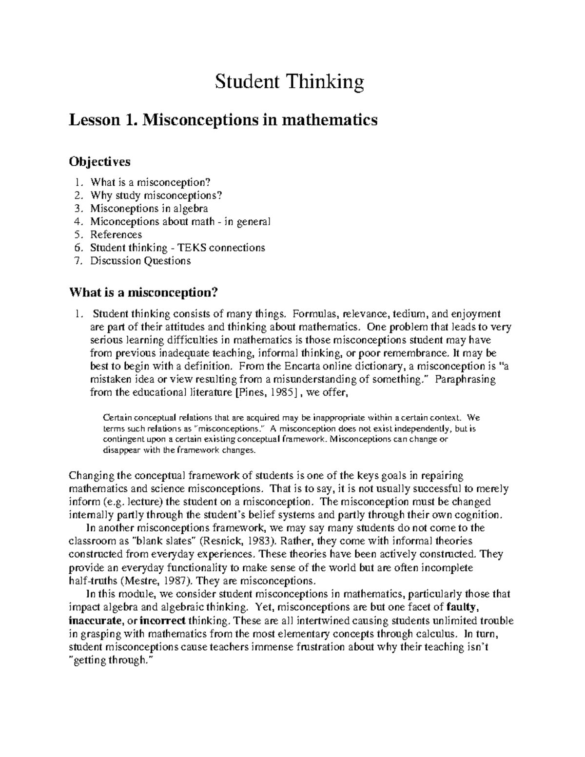 Misconceptions in Math: Understanding Student Thinking (MATH 101) - Studocu