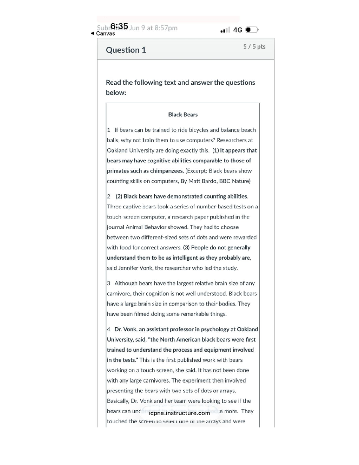 Reading Quiz: Black Bears' Cognitive Abilities (Subr 6:35) - Studocu