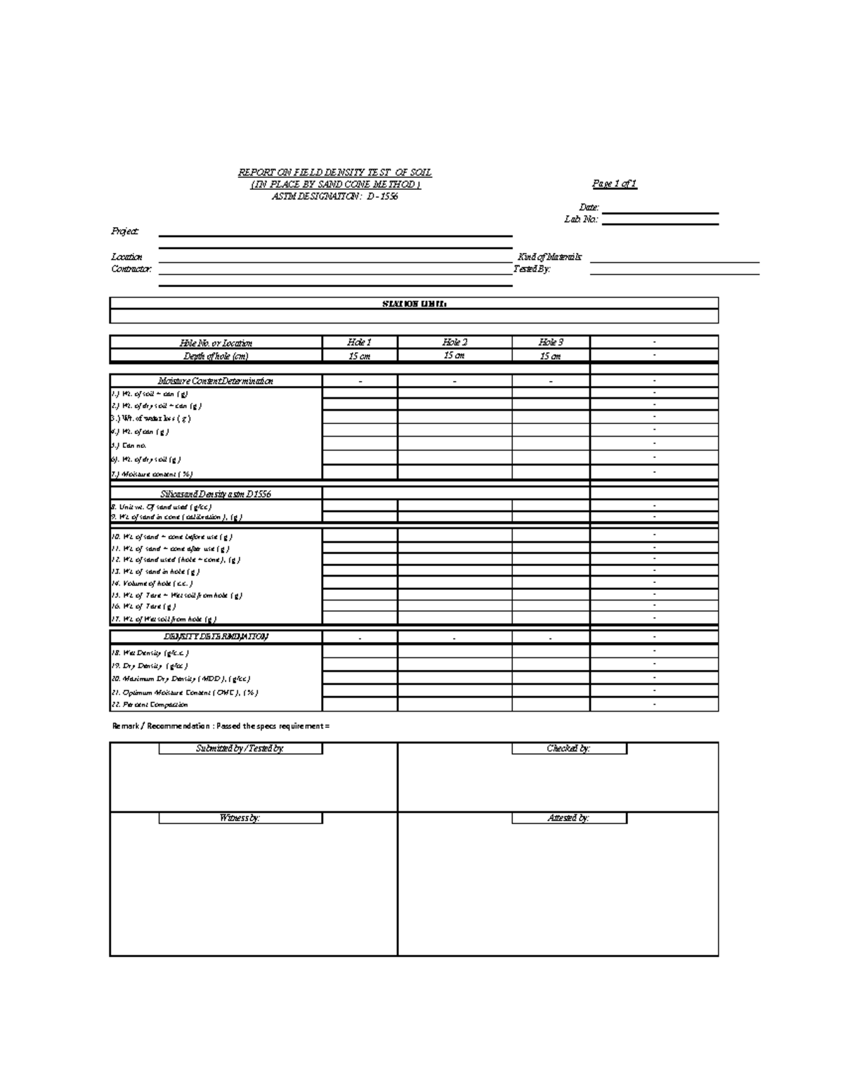 Field Density Test Report of Soil (ASTM D1556) - FDT Worksheet 104-201 ...