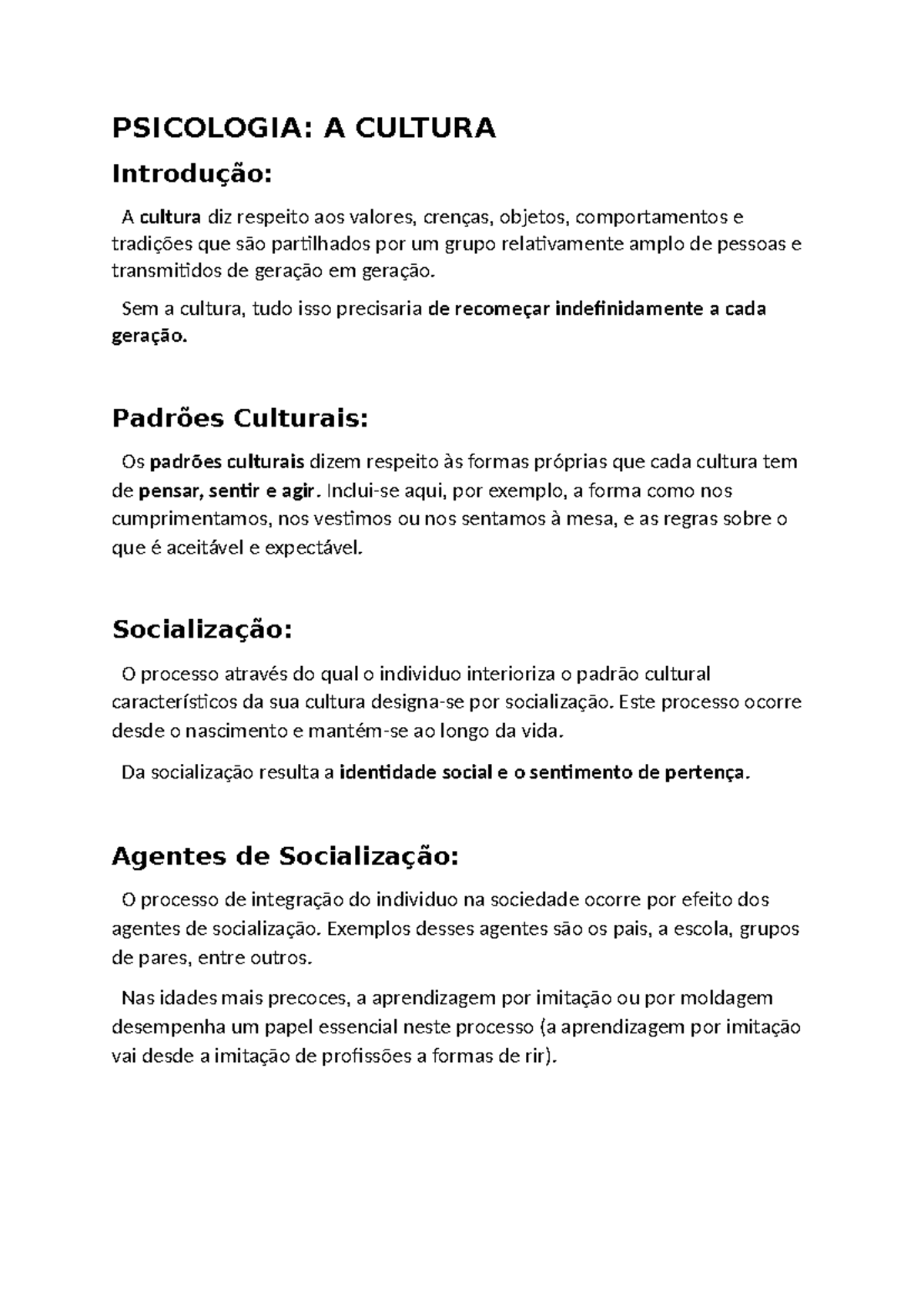 PSICOLOGIA: Resumos sobre a Cultura e Socialização - Studocu