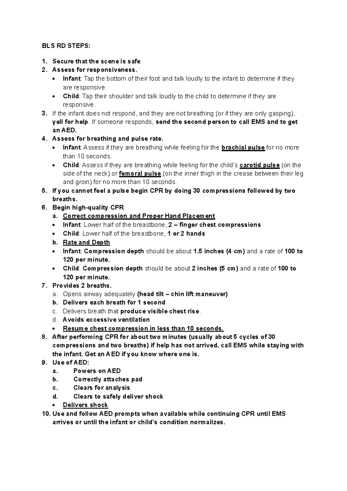 BLS RD Steps: Infant & Child CPR Guidelines and AED Use - Studocu