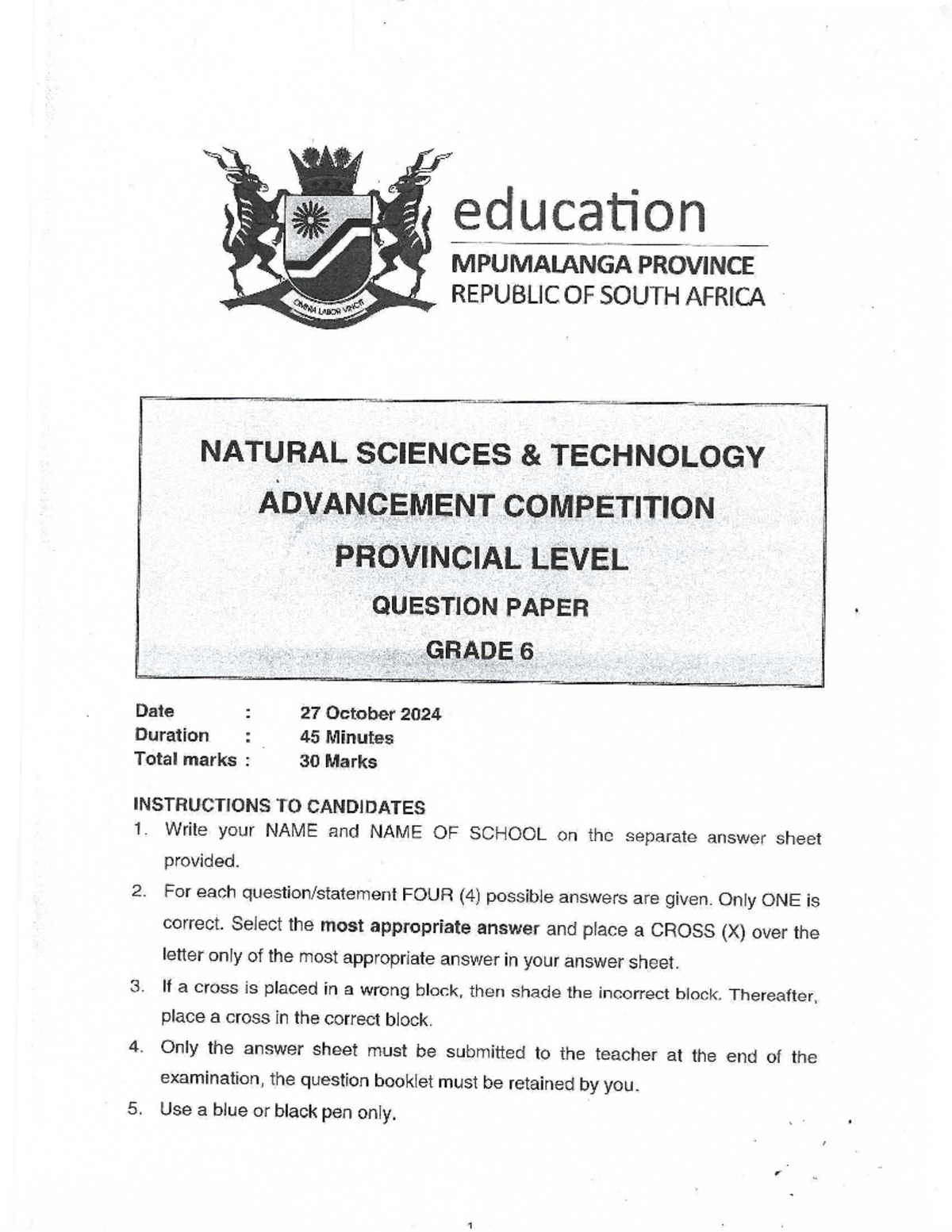 Grade 6 NS Test - MPUMALANGA PROVINCE 2024 Question Paper - Studocu