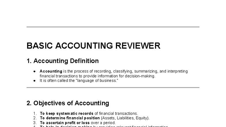 BASIC ACCOUNTING REVIEWER: Key Concepts and Principles - Studocu