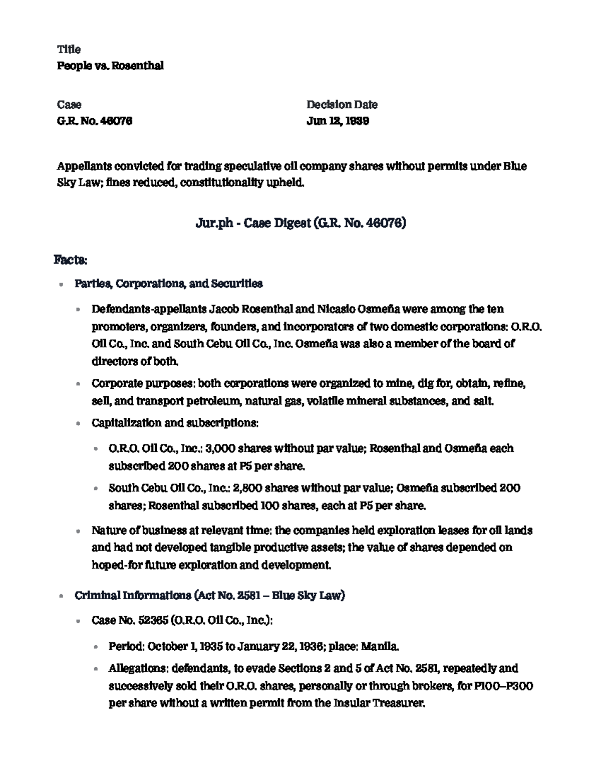 Case Digest: People vs. Rosenthal G.R. No. 46076 - Blue Sky Law ...