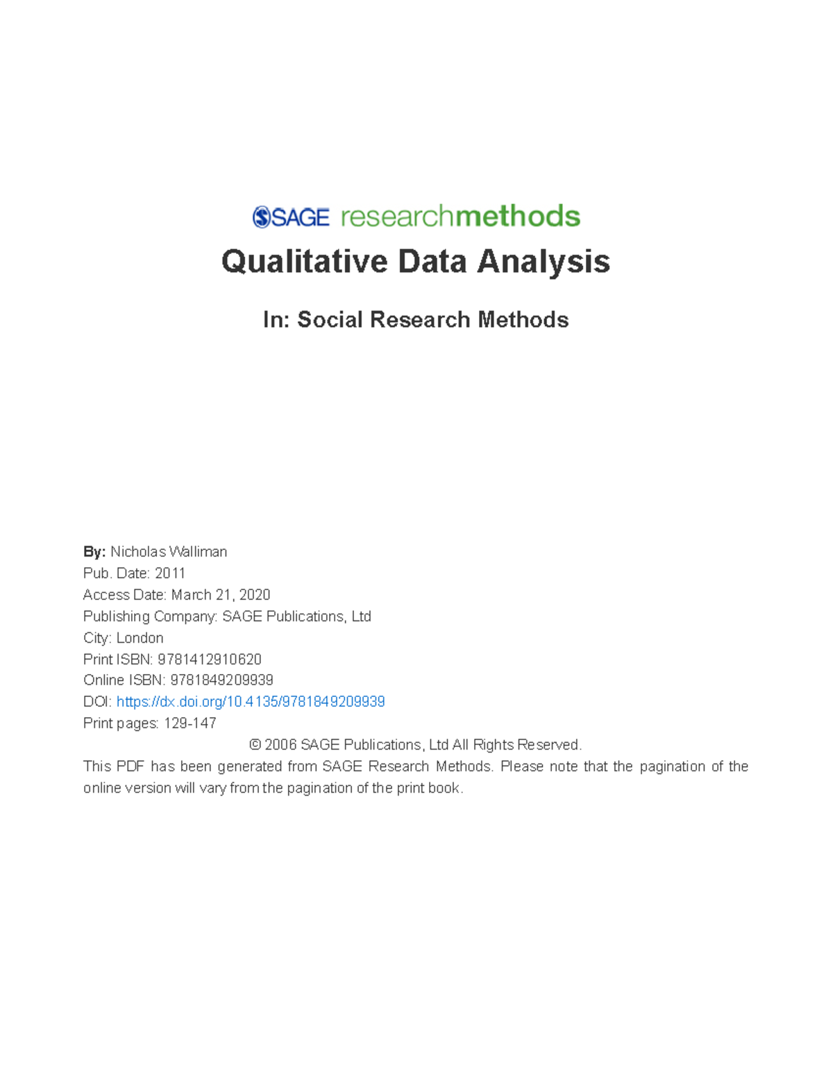 Walliman 2011 chapter 11 - Qualitative Data Analysis In: Social Research Methods By: Nicholas ...