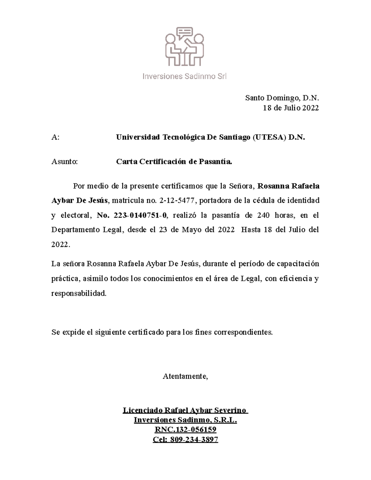 Modelo de Carta de Certificación de Pasantía - UTESA - Studocu