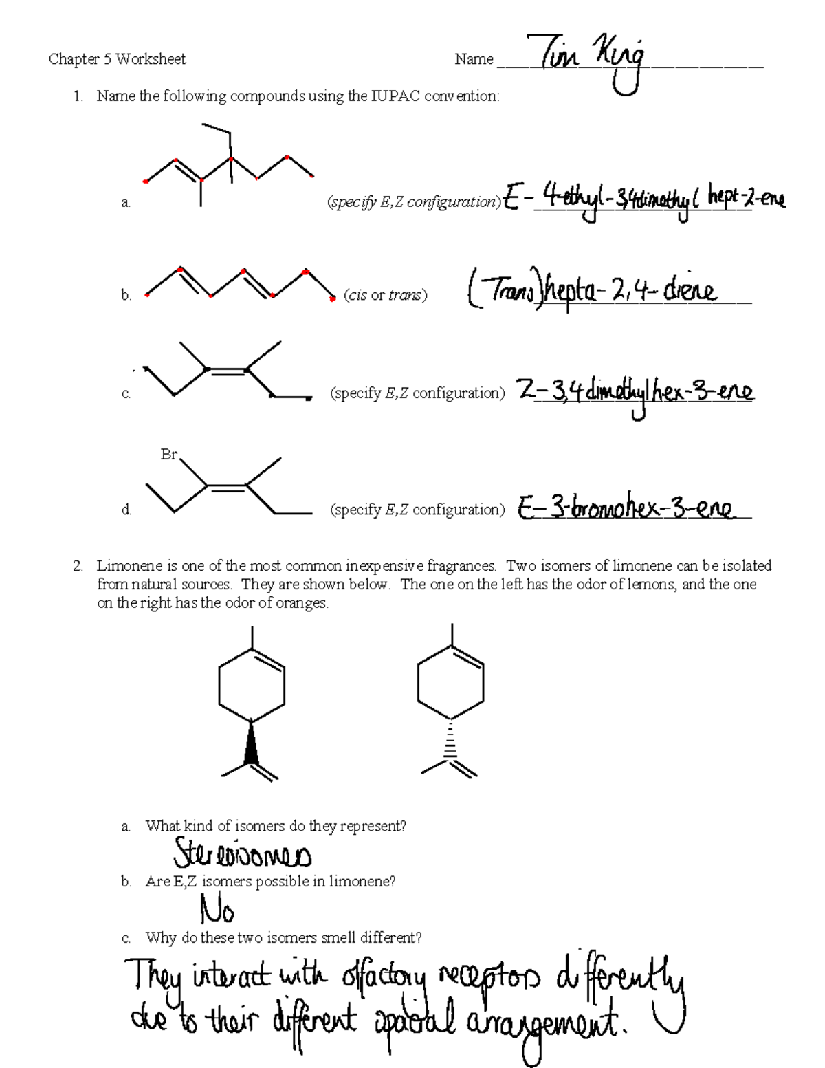 Chem 101 Chapter 5 Worksheet: Naming Compounds & Isomers - Studocu