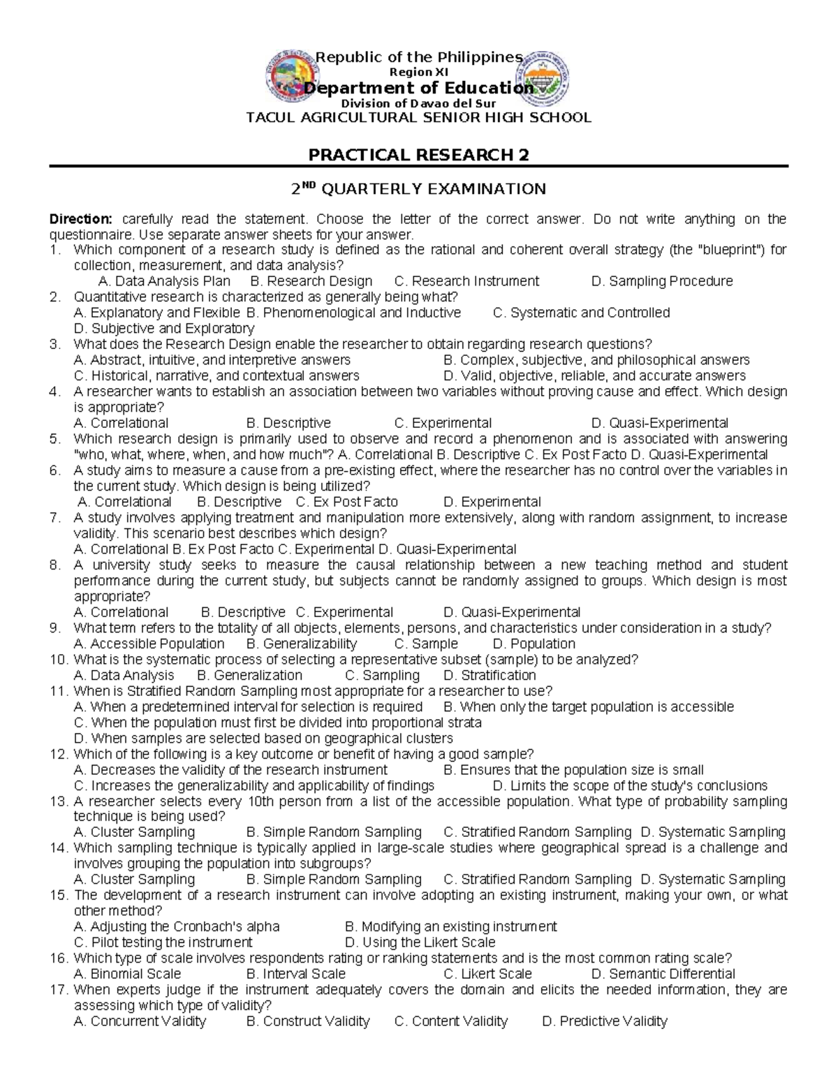 2Q-PR2 - Practical Research 2 2nd Quarterly Exam Guide - Studocu
