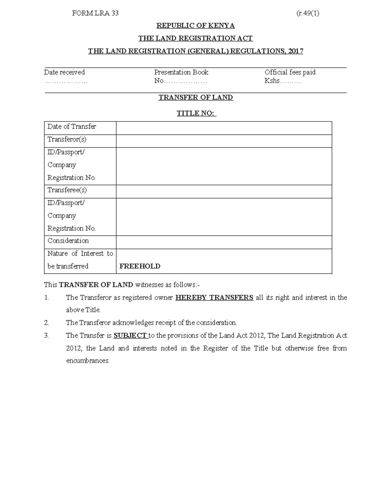 Sample Land Transfer Form - Republic of Kenya (Form LRA 33) - Studocu