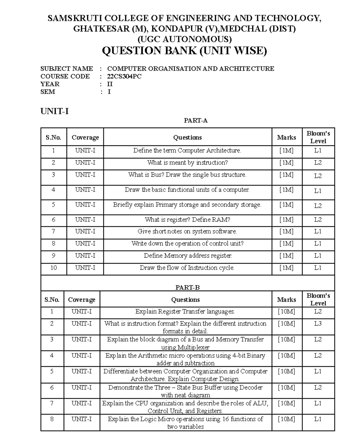 COA 22CS304PC Question Bank: Computer Organization & Architecture - Studocu