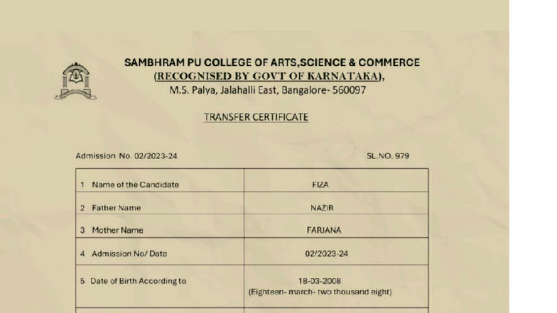 SAMBHRAM PU COLLEGE TRANSFER CERTIFICATE - FIZA, II PUC - Studocu