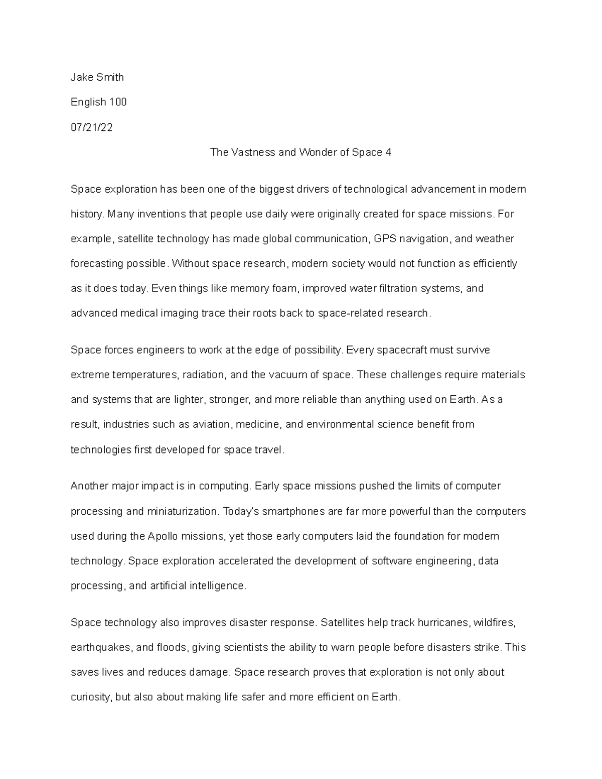 English 100 Essay Notes: The Impact of Space Exploration on Technology ...